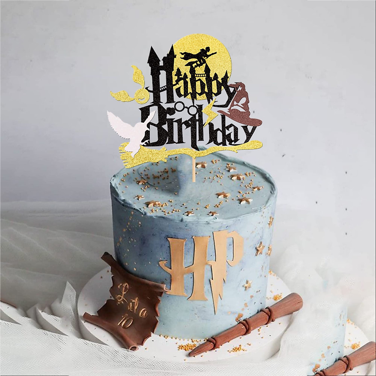 1 PCS Happy Birthday Magical Wizard Cake Topper Glitter Birthday Cake Pick for Wizard Theme Baby Shower Kids Boys Girls Birthday Party Cake Decorations Supplies