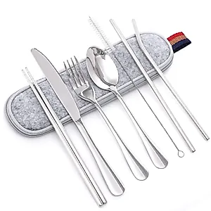ZXZCTTC 8-Piece Stainless Steel Flatware set， Cutlery Set for Trip Camping,Dishwasher safe，including Knife Fork Spoon Chopsticks Cleaning Brush Straws with Portable Case，Not easy to fade (Silver)