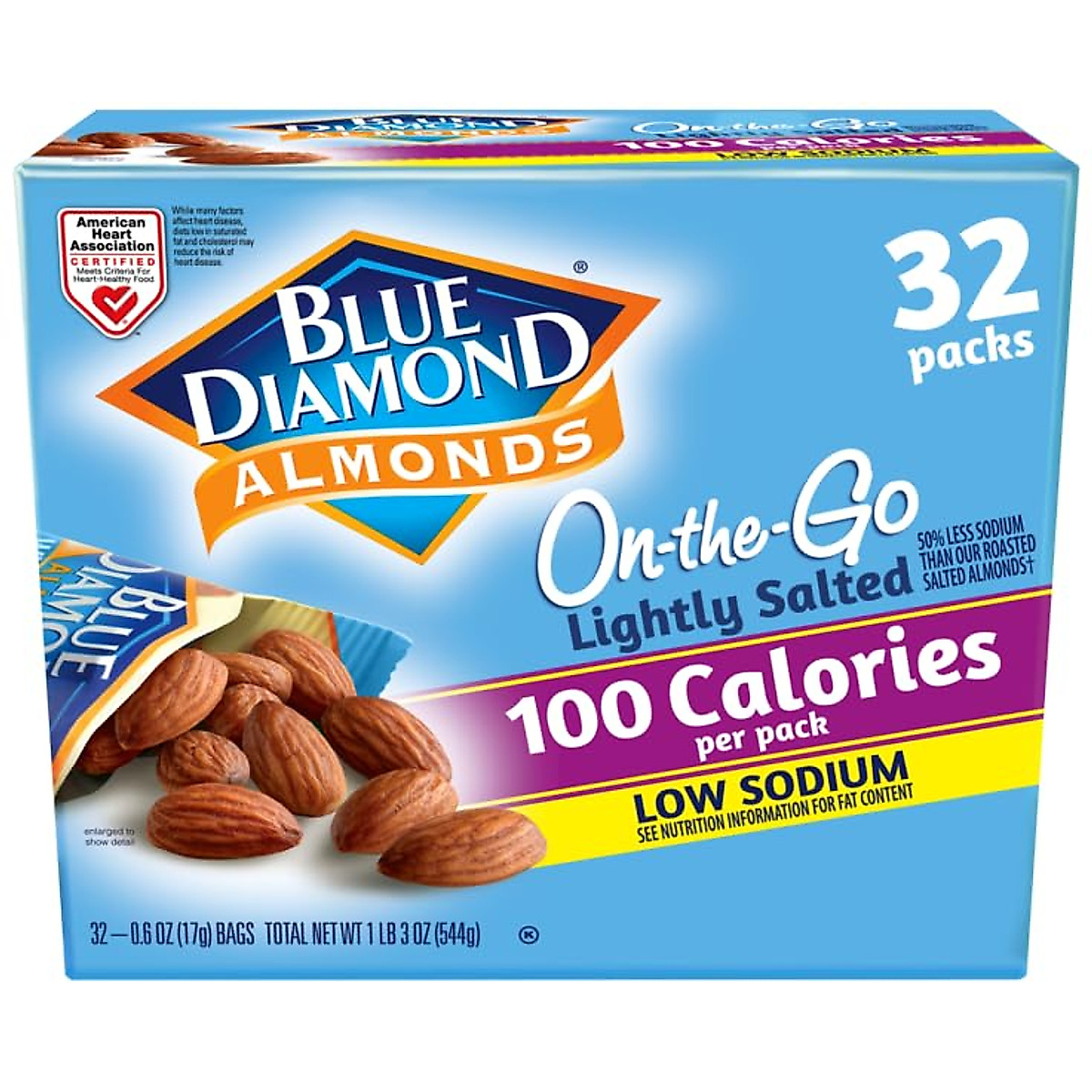 Blue Diamond Almonds Low Sodium Lightly Salted Snack Nuts, 100 Calorie Packs, 0.6 Ounce (Pack of 32)