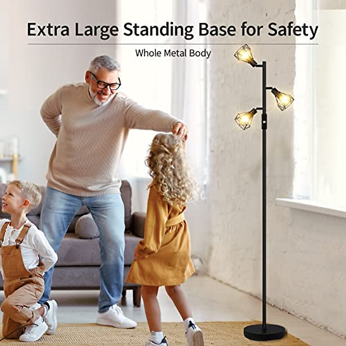 Floor Lamp, Industrial Floor Lamps for Living Room,Tree Standing Lamp Bright with 3 Charm Diamond Head 1200 Lumens Edison Bulbs LED,3 Way Switch,Modern Stand up Lamp for Bedroom Office Farmhouse