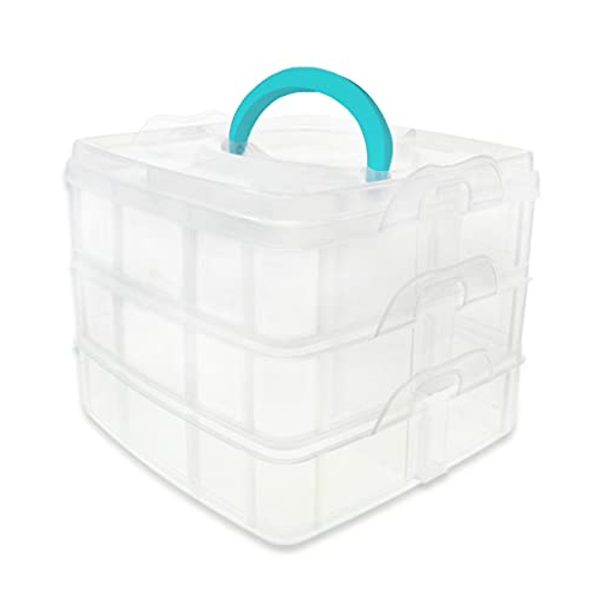 CraftMedley 3 Layer Stack and Carry Box, Plastic Multipurpose Portable Storage Container Tote with Handle - Organize Crafts, Beads, Buttons, Sewing - 6 x 6 x 5 Inches
