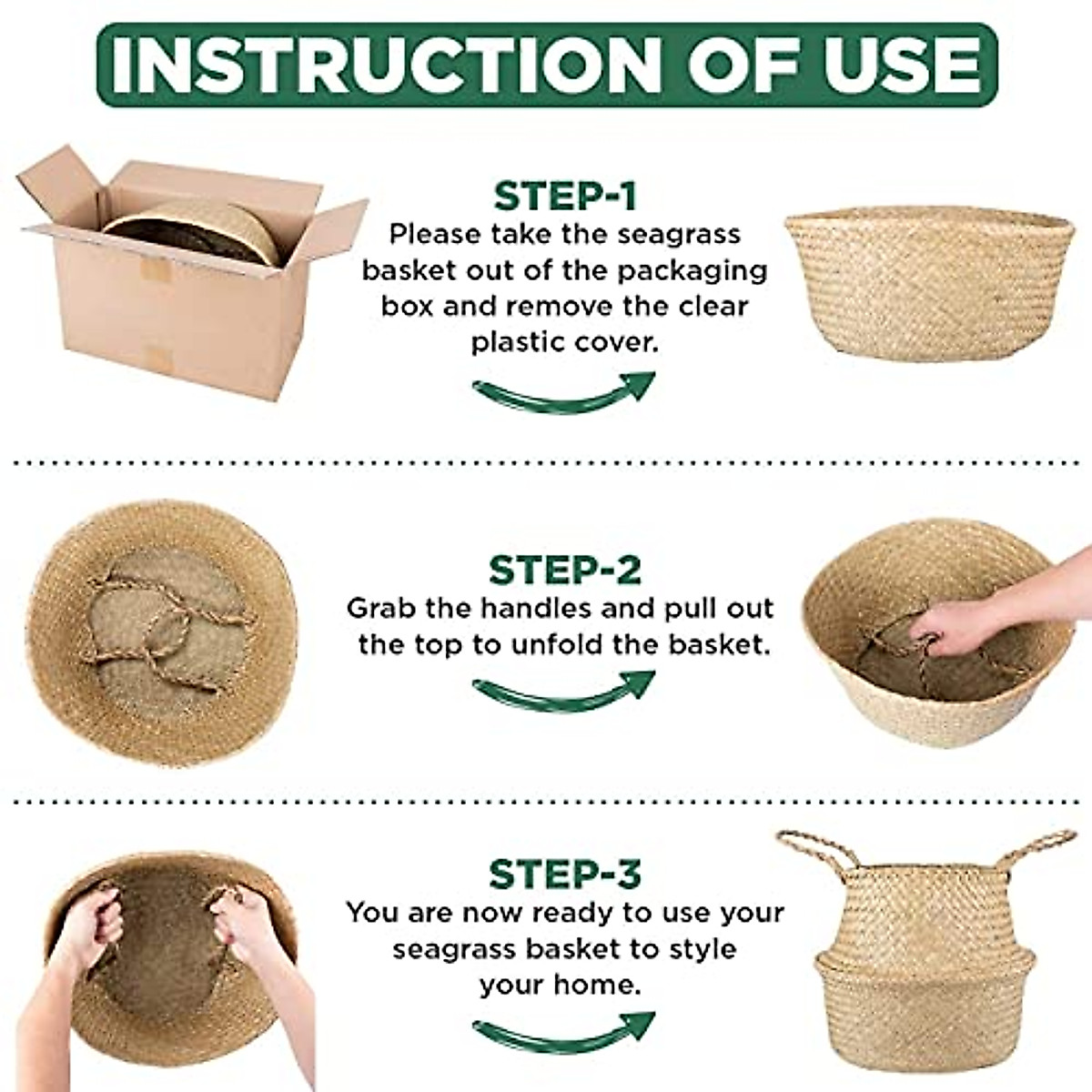 Blueming Home Decor Plant Baskets – Set of 2, Twin Pack Large Hand Woven Seagrass Rattan Belly Planter with Handles for Plant Pots, Home Decor, Organizer, Laundry (Original, 12 Inch x 10 Inch)