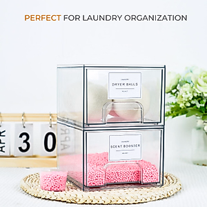Laundry Room Organization Storage Drawer with Labels, Dryer Sheet Holder, Laundry Pod Containers, Laundry Detergent Dispenser, Clear Stackable Drawers for Laundry Room Organizing Decor (2 pack)