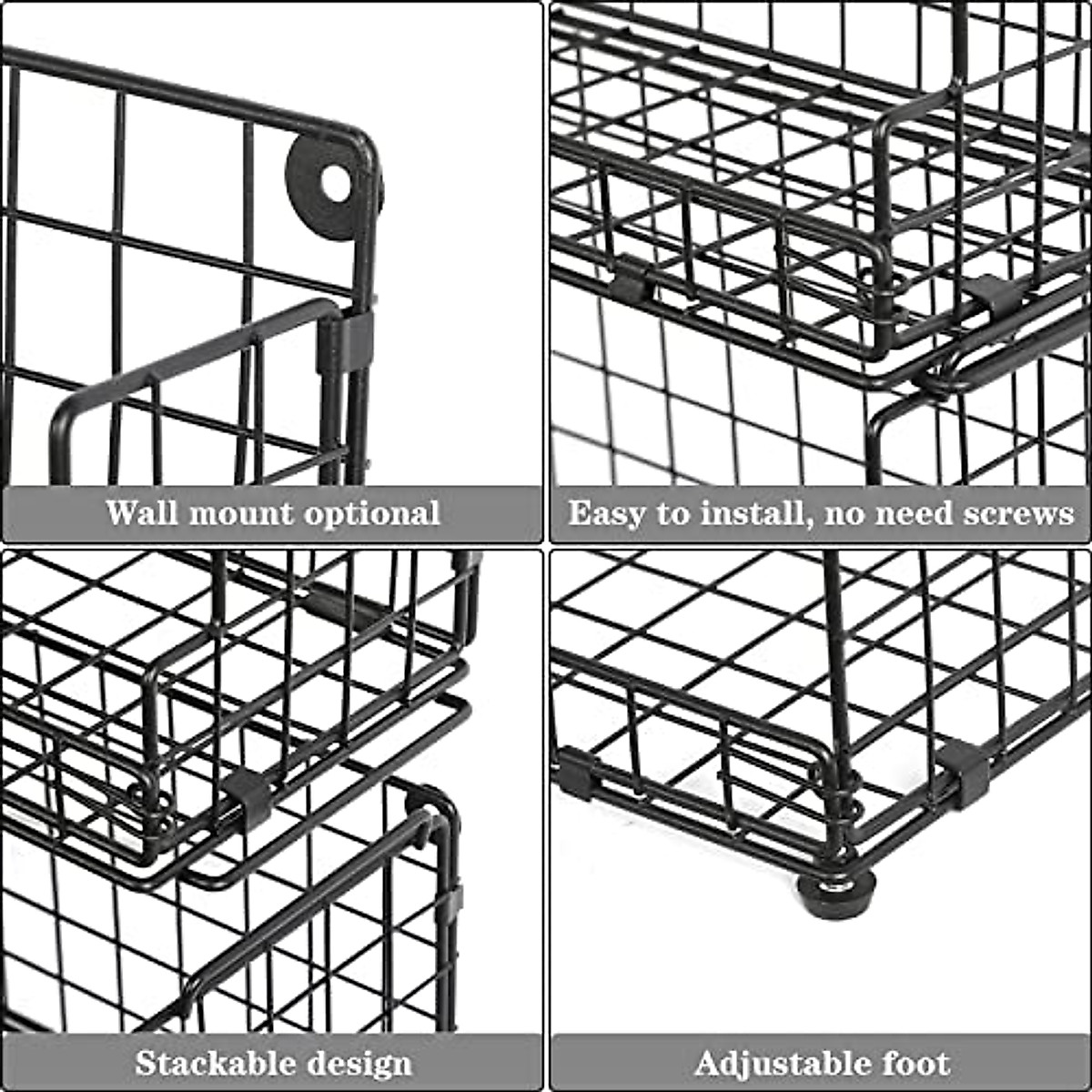 X-cosrack Stackable Wire Basket 3 Tier Countertop& Wall Mounted Metal Storage Basket for Kitchen Pantry Cabinet, Muti-functional Open Front Bin Organizer for Food Fruit Snack, Black