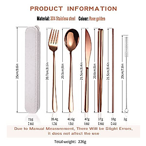 AARAINBOW 6 Pieces 18/8 Stainless Steel Flatware Set Portable Reusable Cutlery Set Travel Utensils Set Including Chopsticks Knife Fork Spoon Straws Cleaning Brush Dishwasher Safe (Rose Gold)