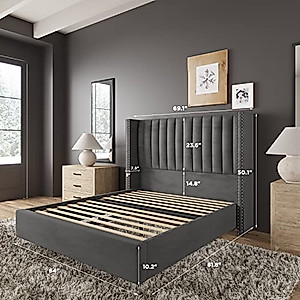 Jocisland Bed Frame Queen Size Upholstered Bed Wingback Headborad Velvet Channel Tufted/No Box Spring Needed/Dark Grey