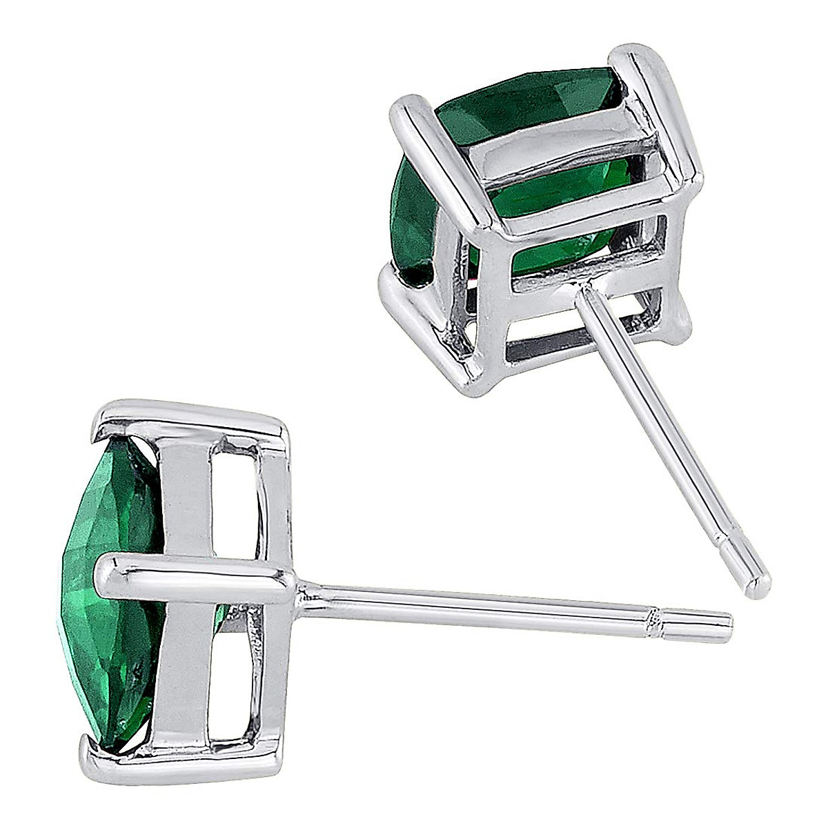 Peora Created Emerald Stud Earrings for Women in 14K White Gold, Classic Solitaire, Cushion Cut 6mm, 1.75 Carats total, Friction Back