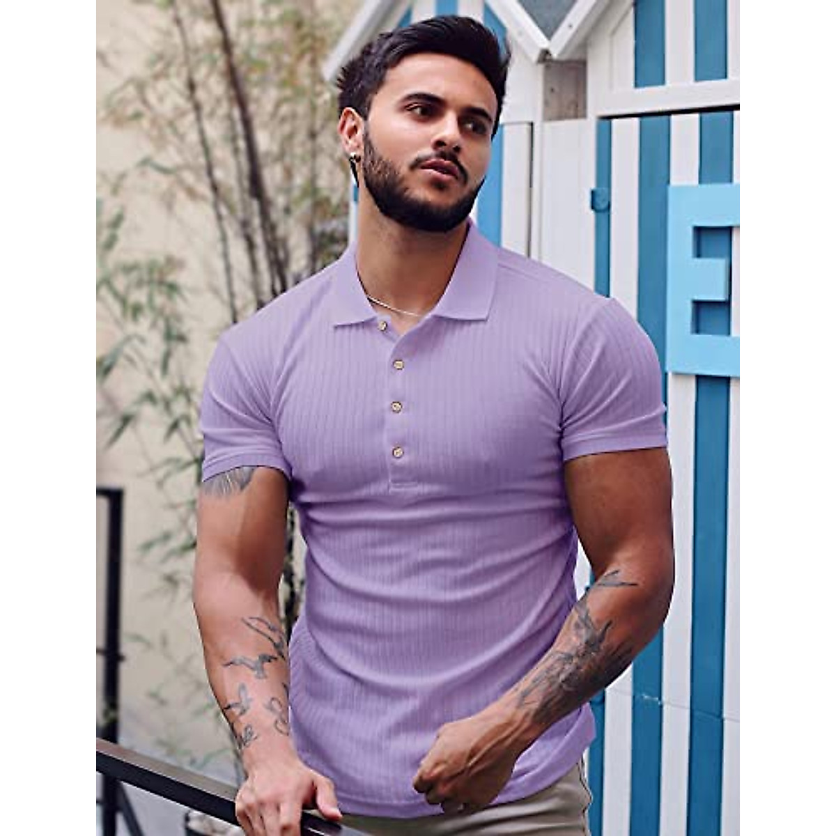URRU Men's Muscle T Shirts Stretch Classic Ribbed Short Sleeve Casual Slim Fit Polo Golf Shirt Light Purple S