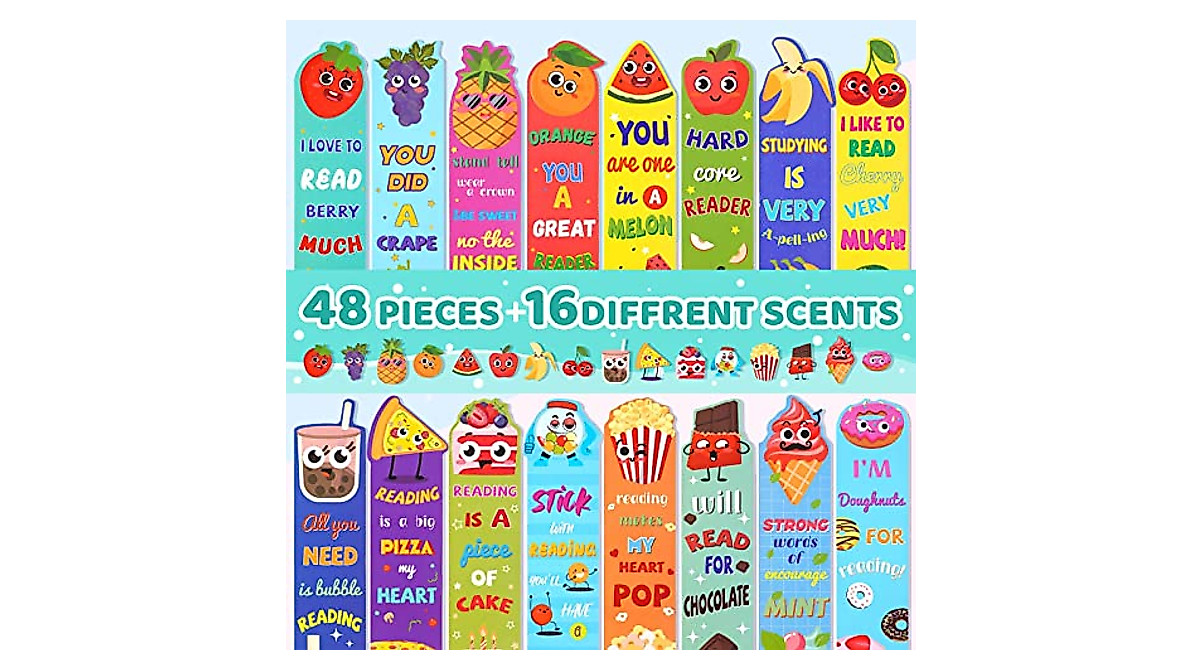 Kids Scented Bookmarks with Fruit & Food Themes - 48 Pack