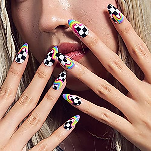 GLAMERMAID Press on Nails Medium Short Almond, 24Pcs Acrylic Oval Fake Nails with Checkerboard Rainbow Design Y2K Stick Glue on Nails Pride Rainbow Reusable Stiletto False Nail Tips with Adhesive Tabs