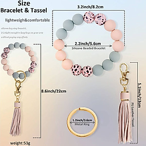 BIHRTC Keychain Bracelet Silicone Key Ring Wristlet with Leather Tassel Wrist Key Ring Bangle Silicone Bead keyring for Women Girls