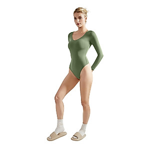 SUUKSESS Women V Neck Double Lined Bodysuit Sexy Long Sleeve Thong Body Suit Shirts Top (Army Green, S)