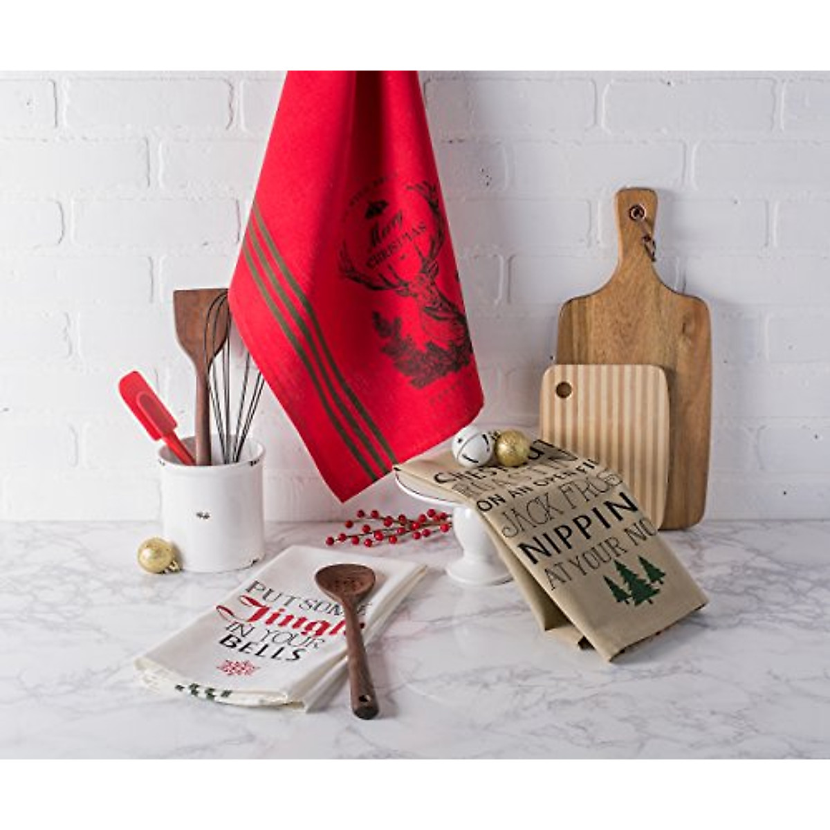 DII Holiday Collection Vintage Print Dishtowel Set, 18x28, Christmas Stag, 3 Piece