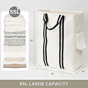 Laundry Basket, Foldable Dirty Clothes Hamper, Thick Canvas Laundry Bag with Handles/Drawstring/Side-Pockets, Tall Laundry Baskets Hampers for Bedroom, Dorm, Travel, 55L (Beige)