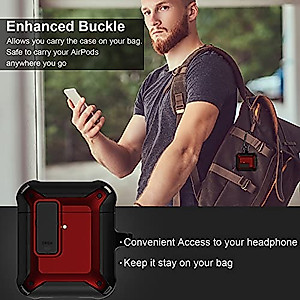 AirPods Case Cover with Keychain, Jiunai Strong Protective Armor Secure Look Shockproof Thick AirPods Case with Carabiner Supports Wireless Charging for AirPods 1st & 2nd Gen LED Visible Black Red