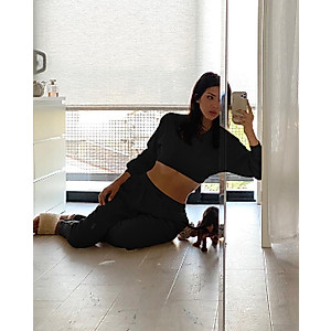 Mizoci Women's 2 Piece Outfits Lounge Jogger sets Long Sleeve Crop Top Pant Sweat Suit Tracksuit,Large,Black