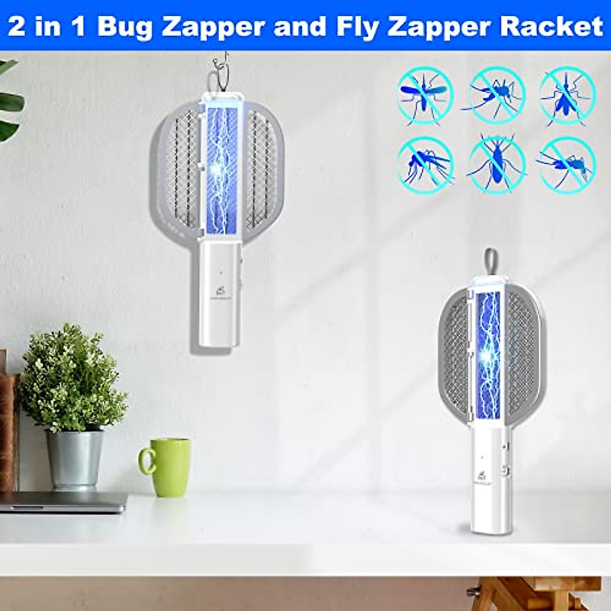 Electric Fly Swatter for Outdoor Indoor, Homesuit 2 in 1 Rechargeable Bug Zapper and Fly Zapper Racket, Powerful 4000V Mosquito Killer & Fly Zapper with 3-Layer Safety Mesh for Home, Travel, Patio