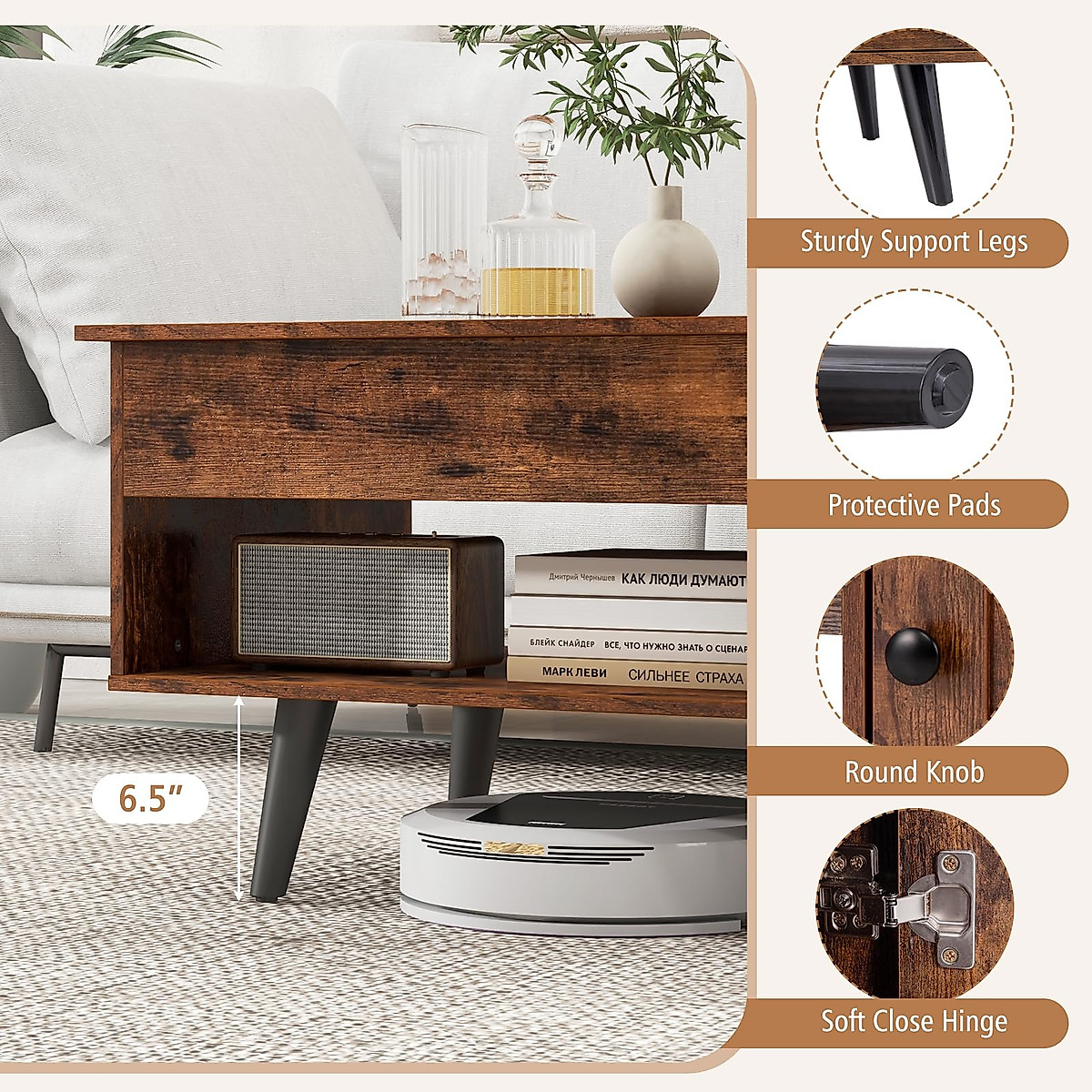 Tangkula Lift Top Coffee Table with Storage, Living Room Table with Hidden Compartment, Cabinet & Open Shelf, Flip Top Center Table, Pull up Coffee Table for Home, Office (Rustic Brown)