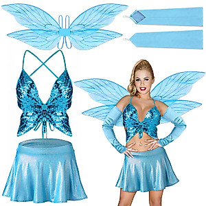 4 Pcs Halloween Woman Club Costume Accessories Wings Shiny Top Skirt Fingerless Gloves for Princess Fairy Cosplay Party(Medium)