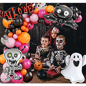 Hot Pink Halloween Balloon Garland Arch Kit,133Pcs Black Orange Pink Sand White Balloons Large Wings Ghost Skeleton Bat Foil Balloons for Kids,Family,Halloween Party Background Cosplay Theme Party