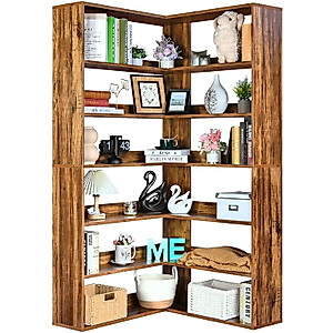 4 EVER WINNER Corner Bookshelf with LED Light, 7 Tiers Wooden Large Corner Bookcase, 71" Tall Corner Etagere Bookcase Book Shelf Display Rack for Home Office Living Room