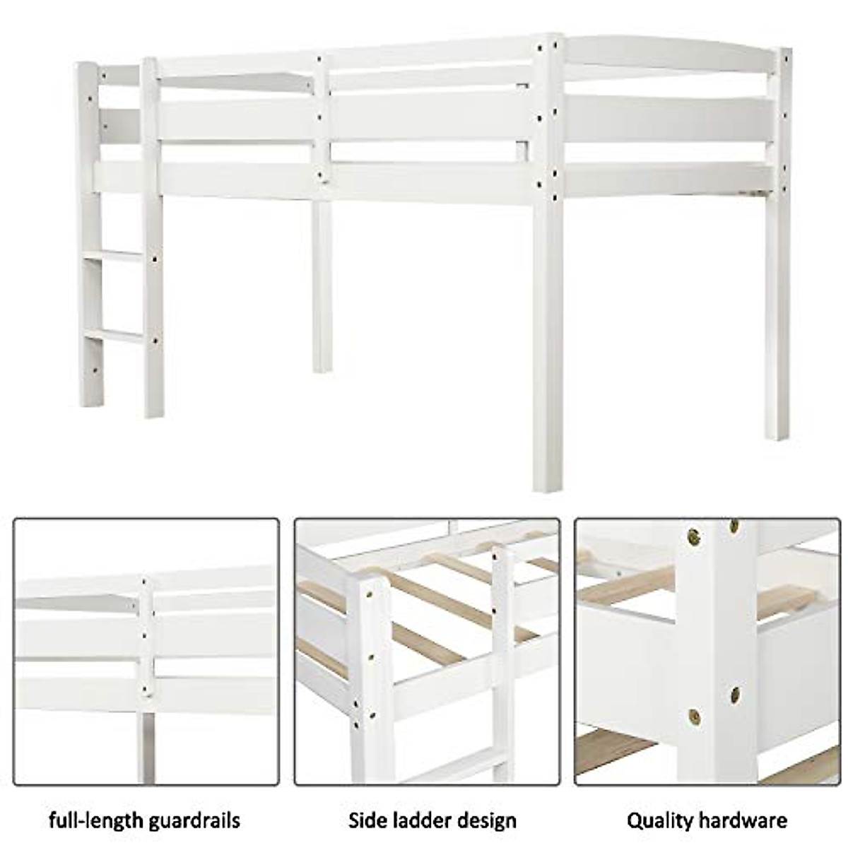 Harper & Bright Designs Low Loft Bed Twin Size, Twin Loft Bed Frame with Ladder and Safety Guardrails, Wood Loft Bed for Kids, Toddlers, Teens (Twin, White)