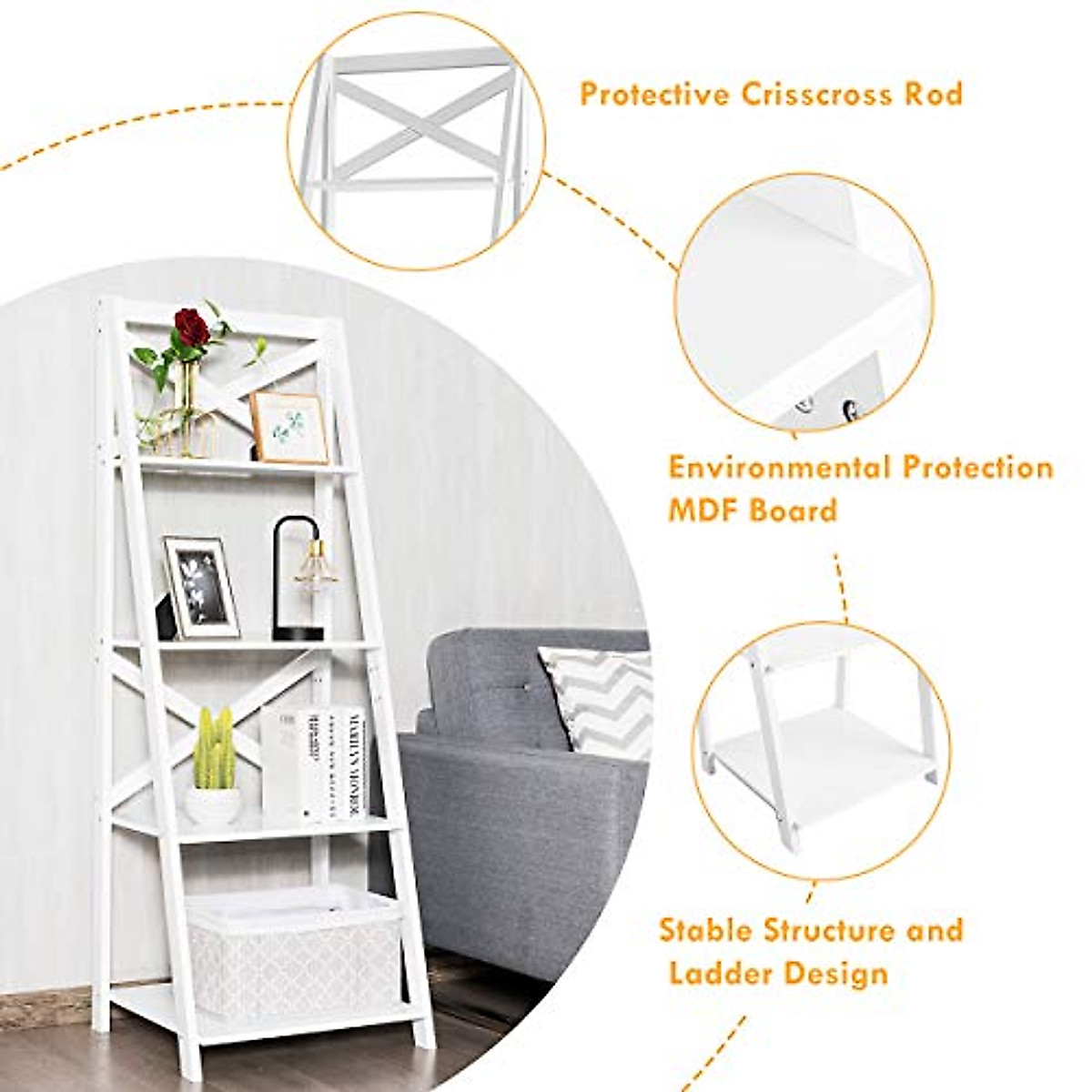 Tangkula 4-Tier Ladder Shelf Bookcase Leaning Free Standing Wooden Frame Decor Bookshelf Storage Flower Shelf Plant Display Shelf for Home Office (White, 2)