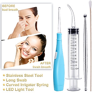 Tonsil Stone Removal Set Includes 1 Stainless Steel Tonsil Stone Removal Tool, 1 Tonsil Stone Remover with LED Light, 100 Long Swabs and 1 Curved Irrigator Syringe to Get Rid of Bad Breath (Blue)