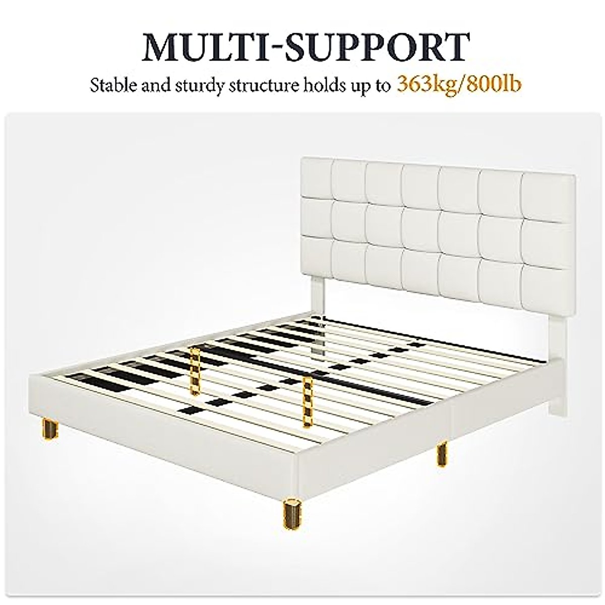 Yaheetech Queen Upholstered Bed Frame, Platform Bed Frame with Square Tufted Fabric Headboard Height Adjustable, Wooden Slats Support, No Box Spring Needed, Beige