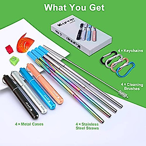 Kynup Reusable Straws, 4Pack Collapsible Portable Foldable Metal Straw Stainless Steel Drinking Travel Telescopic Straw with Case, Cleaning Brushes, Keychain Gifts (Blue-Black- Rose Gold-Silver)