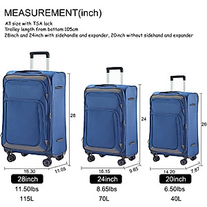 Pianeta Softside Luggage Sets With Spinner Wheels, Softshell Lightweight Suitcase With Expandable And TSA Lock, 3pcs Set (blue)