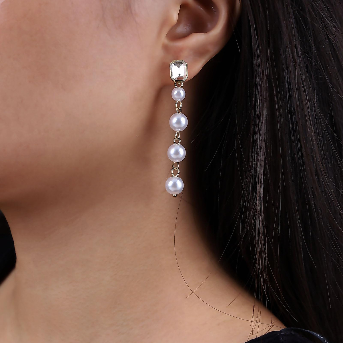 Sttiafay Vintage Crystal Pearl Drop Earrings Long Pearl Chain Earrings Gold Pearl Tassel Earrings Shine Bridal Cz Rhinestone Pearl Earrings Jewelry for Women and Girls