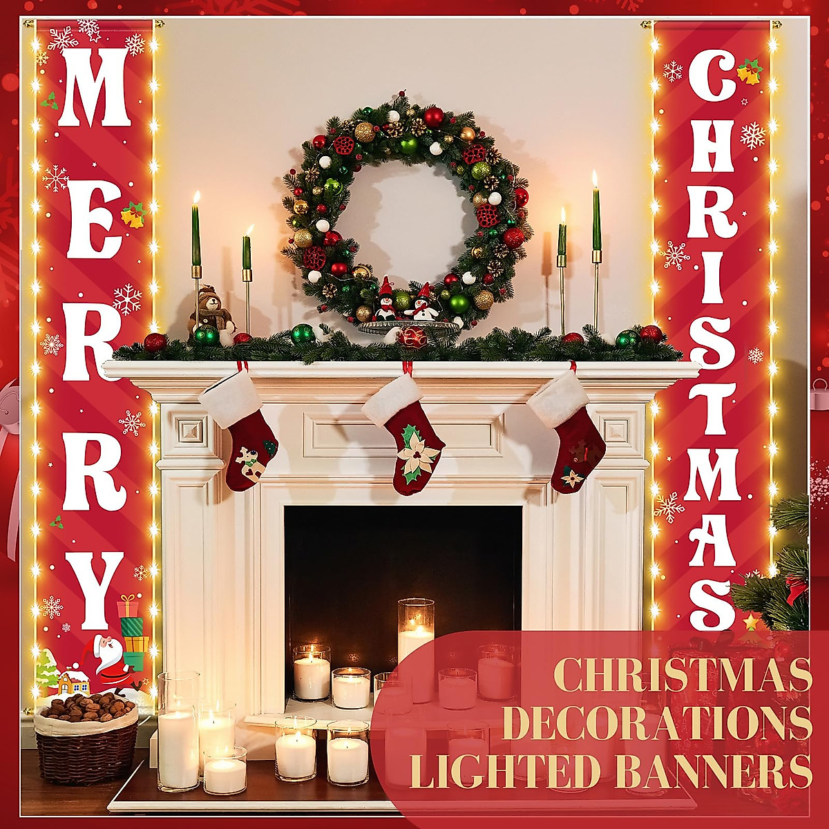 2 Pcs Christmas Hanging Porch Signs Banner with LED String Light Snowman and Santa Christmas Door Banner Xmas Banner for Indoor Outdoor Home Garage Wall Holiday Party Decorations (Snowflake)
