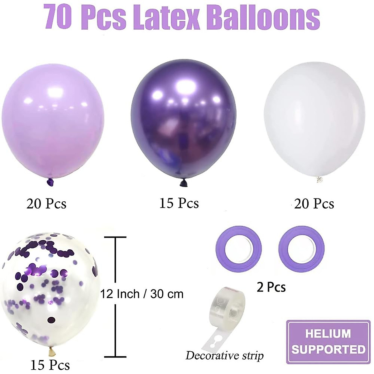 Lavender Purple Party Balloons, 70pcs 12inch Lilac Light Purple White Balloons for Garland Arch, Purple Metallic and Confetti Balloons for Birthday Baby Bridal Shower Wedding Girls Party Decorations