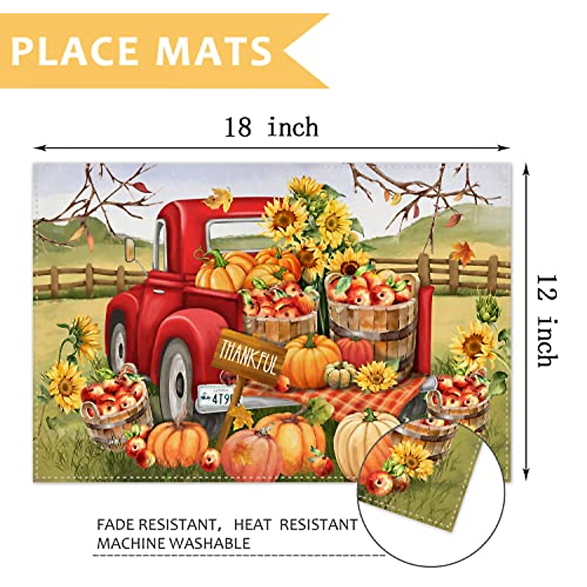 Fall Pumpkin Placemats for Dining Table, 12 x 18 Inch Farm Apples Sunflower Truck Autumn Thanksgiving Seasonal Holiday Decoration Rustic Washable Table Mats Set of 4