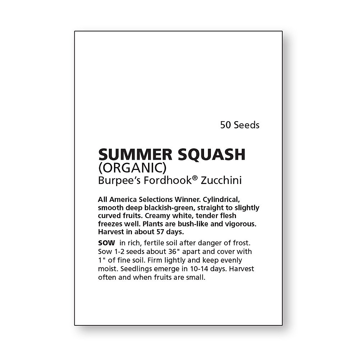 Burpee Fordhook Zucchini Organic Summer Squash Seeds 50 seeds