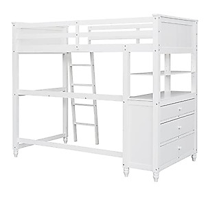 Harper & Bright Designs Twin Size Loft Bed with Desk and Drawers, Wooden Twin Loft Bed with Storage Shelves, High Loft Bed for Kids, Teens, Adults Boys & Girls (Twin, White)