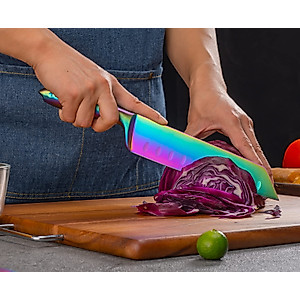 WELLSTAR Kiritsuke Chef Knife 8 Inch, Razor Sharp German Steel Blade and Comfortable Handle with Rainbow Titanium Coated for Kitchen Food Cutting Slicing Dicing, Asian Vegetable Meat Cooking Knife