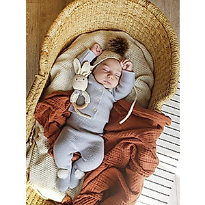 Natural Crochet Teether Toy Rattle for Baby Forest Friends Handmade Amigurumi Crochet Bunny Deer Fox on Natural Wooden Teething Ring Rattle Natural Baby Toys (Girl Bunny)