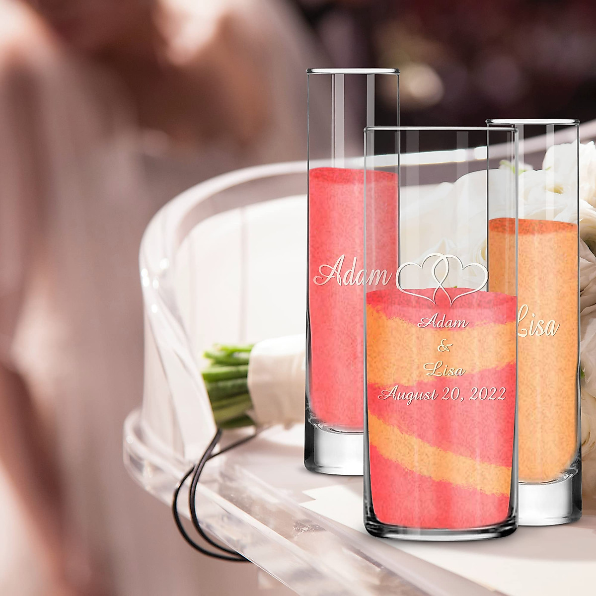 Personalized Unity Sand Ceremony Sets – Salt Ceremony Kit For Weddings, Unity Candle Alternative, Blended Family Sand Set. Best Gift for Wedding or Anniversary. Cylinder w Double Heart