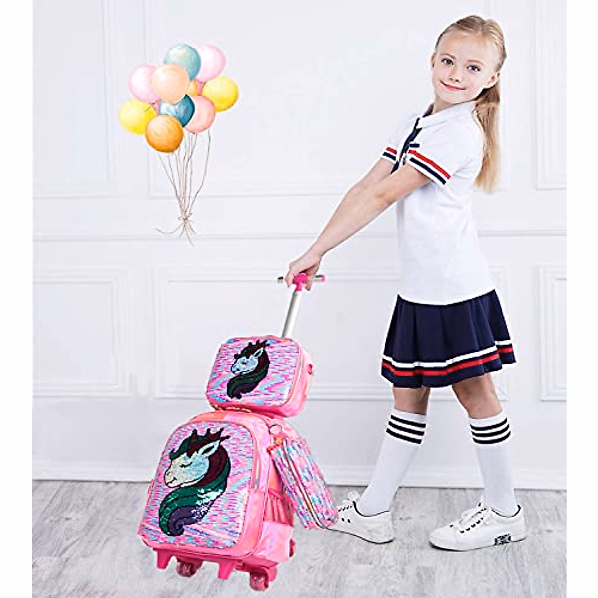 Egchescebo School Kids Rolling Backpack for Girls and Boys With Wheels Trolley Wheeled Backpacks for Girls Travel Bags 3PCS Girls and Boys Backpack With Lunch Box Rose Red
