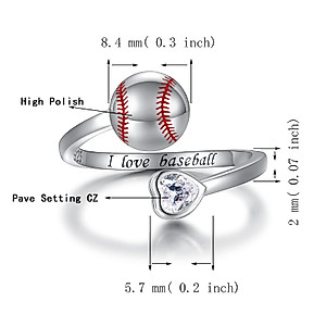 925 Sterling Silver Basketball Baseball Softball Football Tennis Racket Ring Adjustable Sports Jewelry Gifts for Women Player Mom (Baseball)
