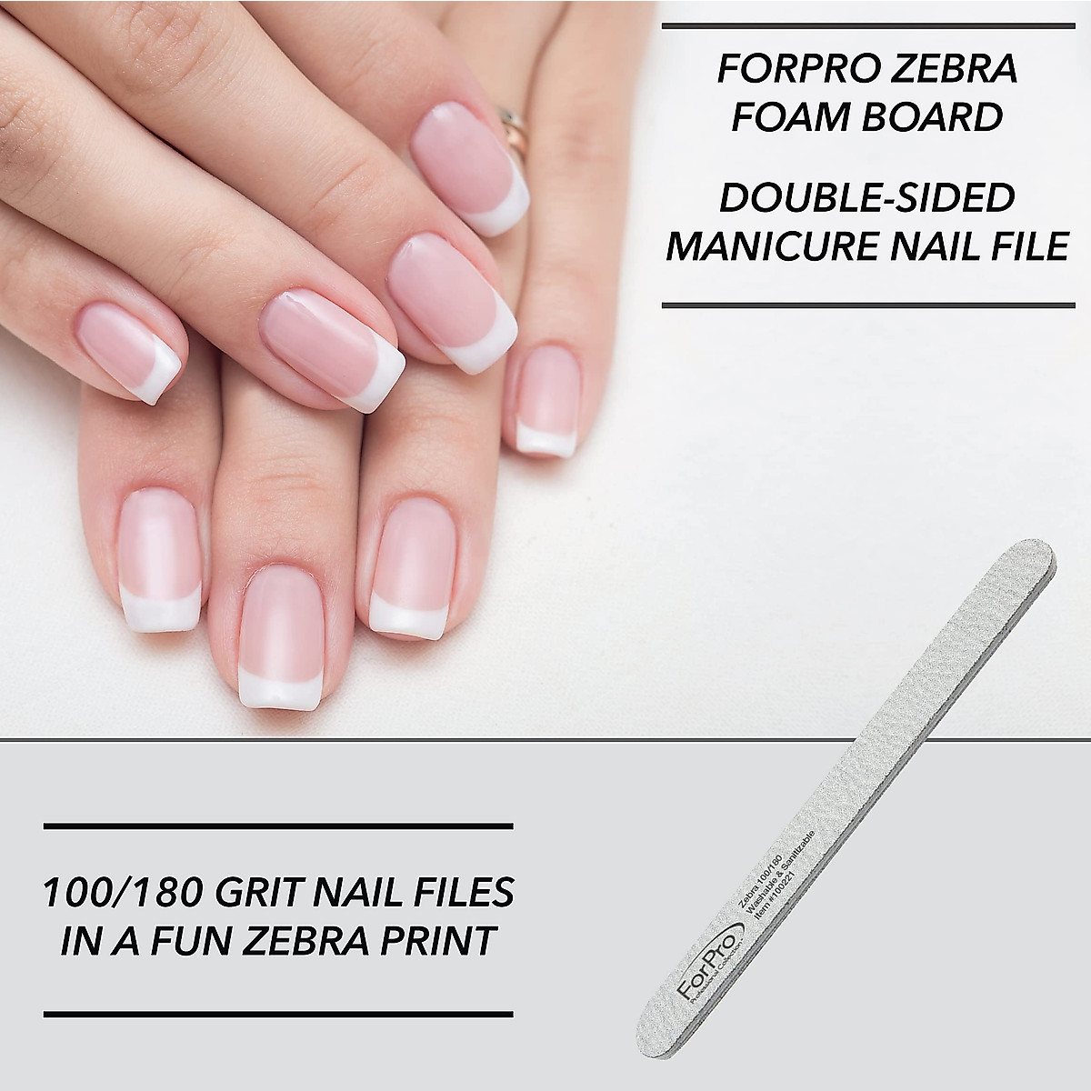 ForPro Zebra Foam Board, 100/180 Grit, Double-Sided Manicure Nail File, 7” L x .75” W 50-Count