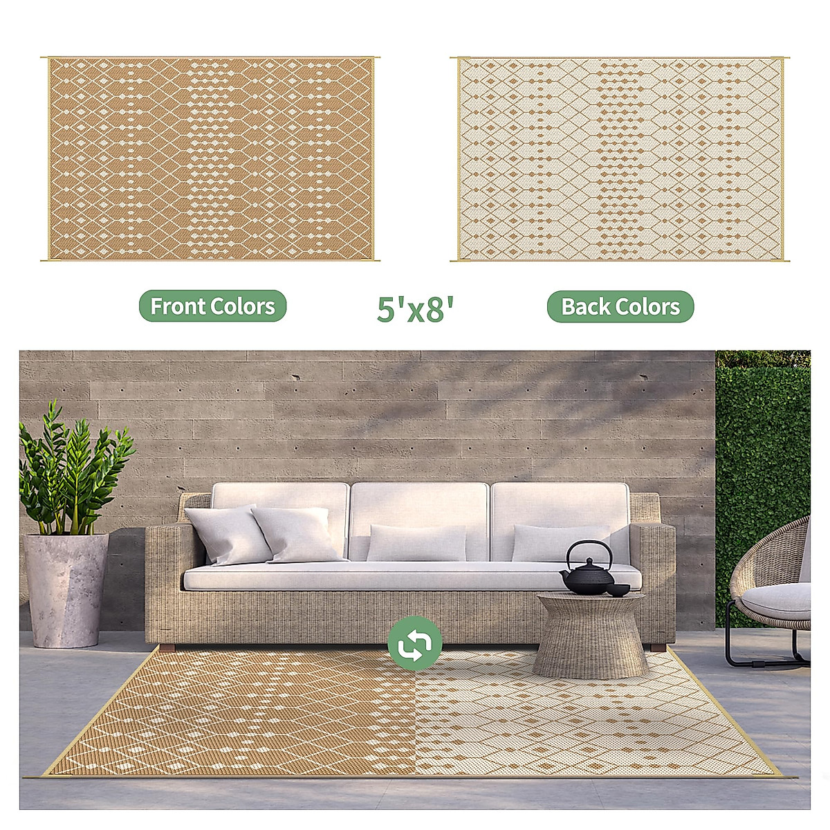 GENIMO Rug for Patio Clearance, 5'x8' Waterproof Reversible Outside Carpet for Outdoor Decor, Area Boho Plastic Straw Mat for RV, Deck, Camping, Camper,Brown & Beige