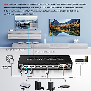 FERRISA 8K 4X2 HDMI Matrix 4 in 2 Out HDMI 2.1 Matrix HDMI Video Switcher Splitter +Optical & L/R Audio Output,Support 4K 120Hz,HDR10 HDCP2.3 Dol-by Vision Atmos SPDIF 5.1CH ARC CEC with IR Remote