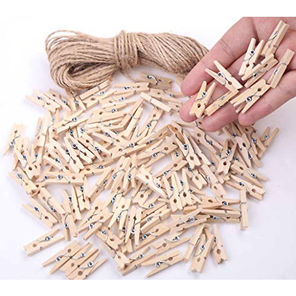 DIYASY 120 Pcs Mini Wood Clothespins,1 Inch Small Craft Wooden Clips with Jute Twine for Photo Wall and DIY Craft.