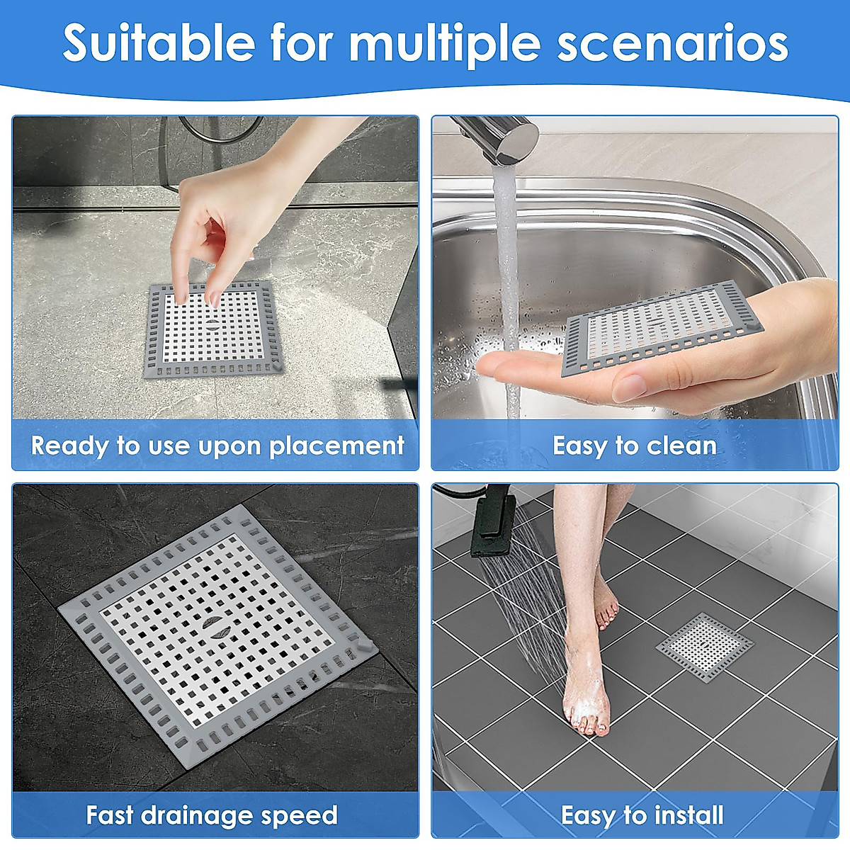 4 Pcs Shower Drain Hair Filter Mesh Tub Drain Protector with Silicone Rim Anti Slip Sink Hair Stopper Stainless Steel Hair Strainer Bathtub Hair Trap Stopper for Kitchen Bathroom Laundry (Square)