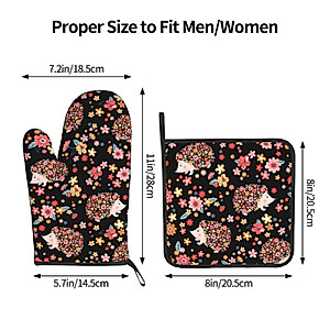 Oplp Flowers and Cute Hedgehogs Oven Mitts and Pot Holders Heat Resistant Oven Mitts Safe for Baking Cooking BBQ