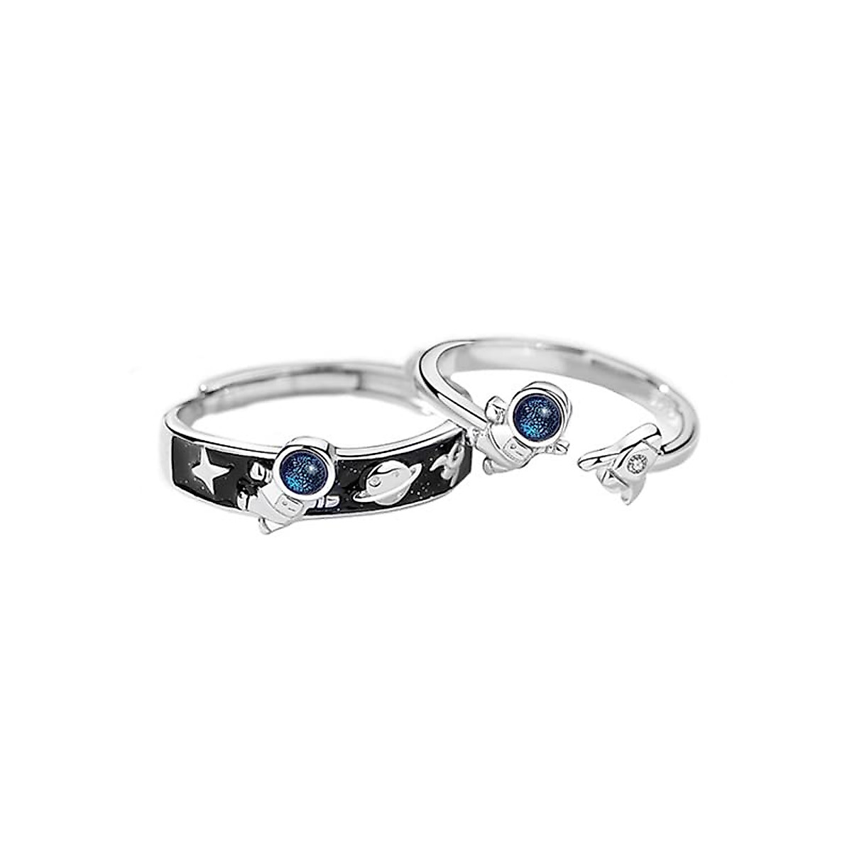 Astronaut Matching Promise Rings for Couples Engagement Wedding Open Ring Band Sets for Him and Her Planet Star Spaceship Universe CZ Crystal Jewelry Gift for Girlfriend Boyfriend Valentine's Day