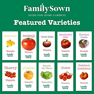 Heirloom Tomato Seeds by Family Sown - 10 Seed Packets of Non GMO Heirloom Tomatoes Including Brandywine, Roma, Tomatillo, Cherry Tomato Seeds and More in Our Seed Starter Kit